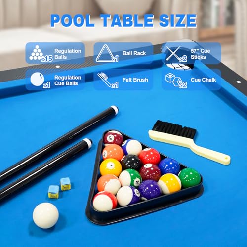 Wakefa 7ft Billiards Table, Portable Foldable Pool Table, Includes Balls, Chalks, 2 Pool Sticks and Brush, Black with Blue Cloth, Perfect for Family Game Room