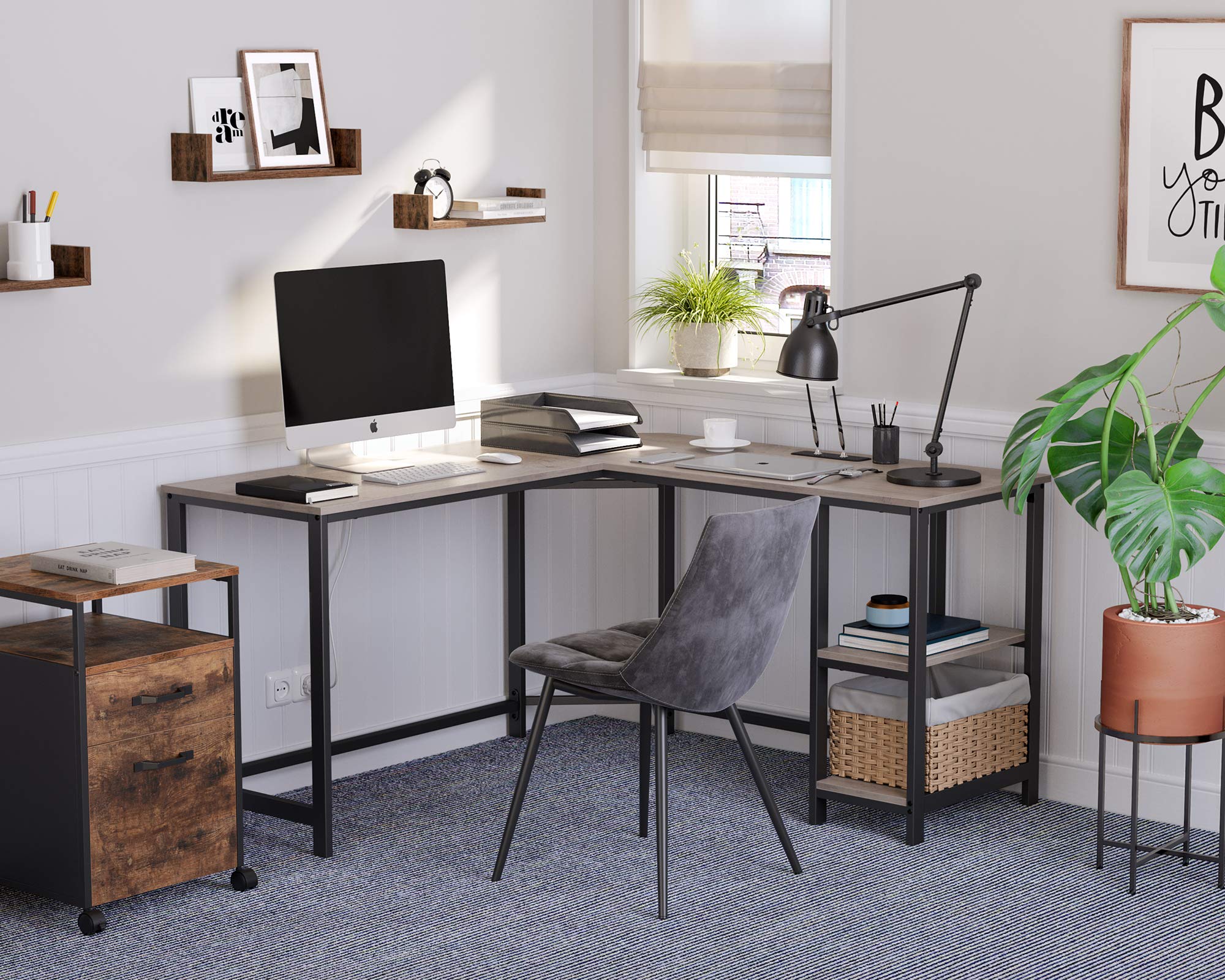 VASAGLE L-Shaped Computer Desk and Rolling File Cabinet Bundle, Writing Desk, Filing Cabinet with 2 Drawers, Industrial Style, for Home Office, Greige and Black ULWD72MB and UOFC071B02