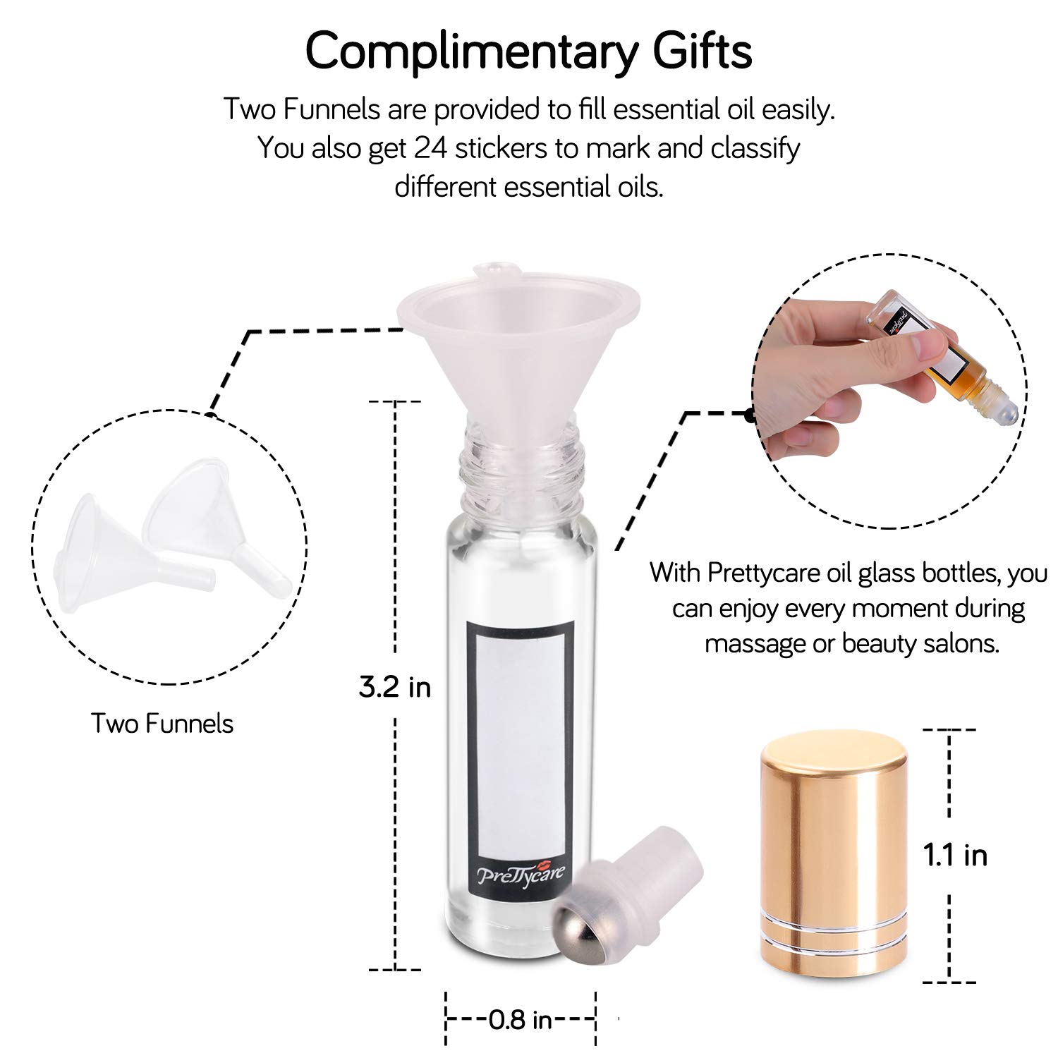 PrettyCare Essential Oil Roller Bottles 10ml (24 Pack Clear Glass Bottle with Gold Cap, 4 Extra Roller Balls,48 Labels, 2 Openers, 2 Funnels Roller Balls For Essential Oils, Roll on Bottles