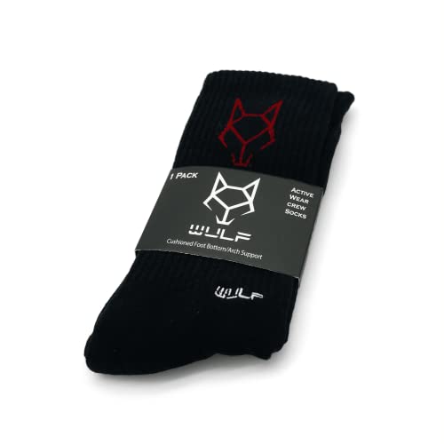 Wulf Wear Men’s Crew Sock in Cotton Cushion, Recreation Moisture Heavy & Active Wear Socks with Seamless Toe in Black