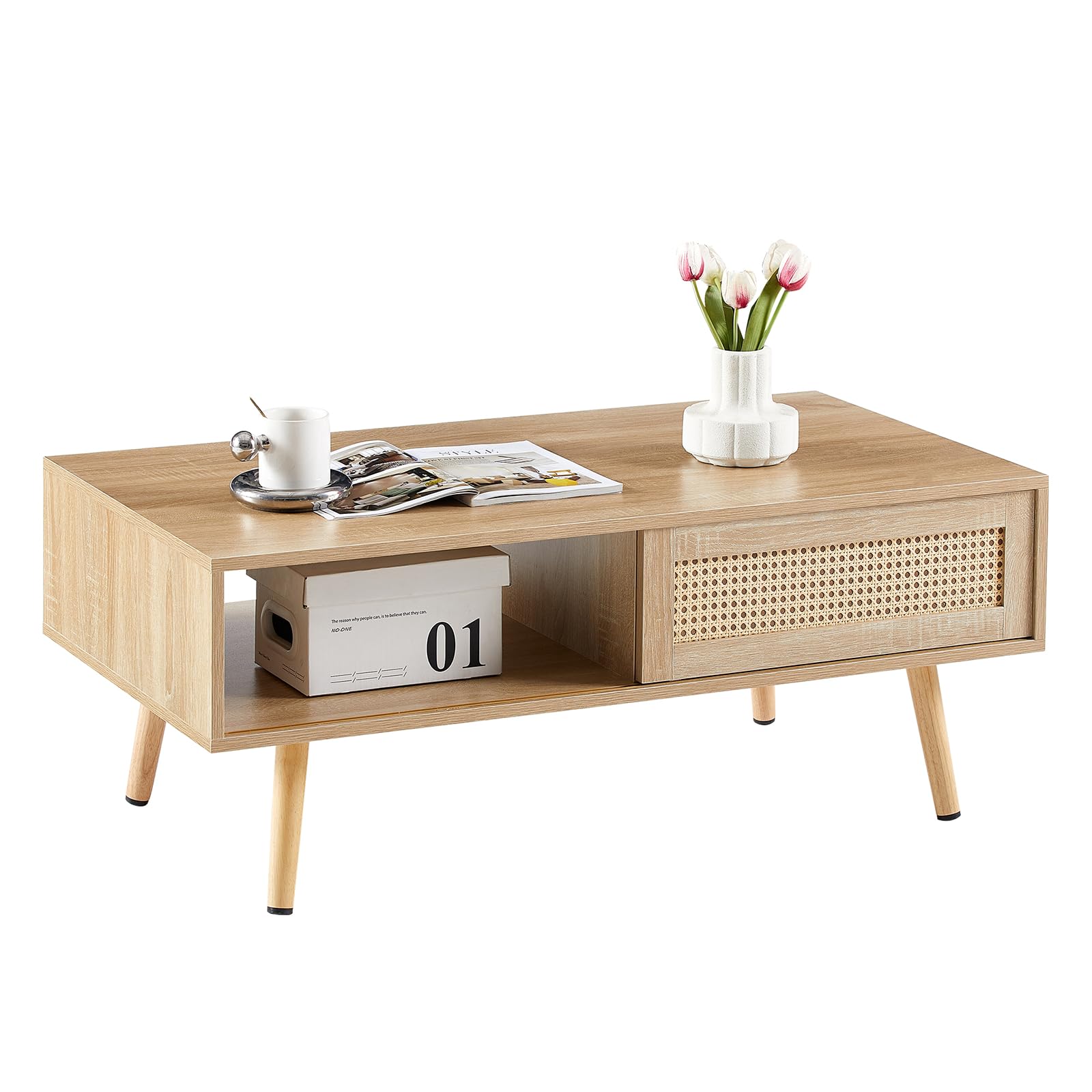 Modern Rattan Coffee Table with Sliding Door Storage, 41.3 Inch Small Wood Coffee Table with Solid Wood Legs, Boho Coffee Tables for Living Room