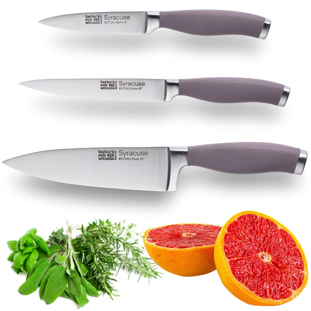 Taylors Eye Witness Syracuse Kitchen Knife 3pce Set - Paring 8cm/3.5â, Chefs 15cm/6â & Cooks All Purpose 13cm/5â Cutting Edge. Ultra Fine, Razor Sharp Blade. Soft Textured Grip Berry Colour Handle