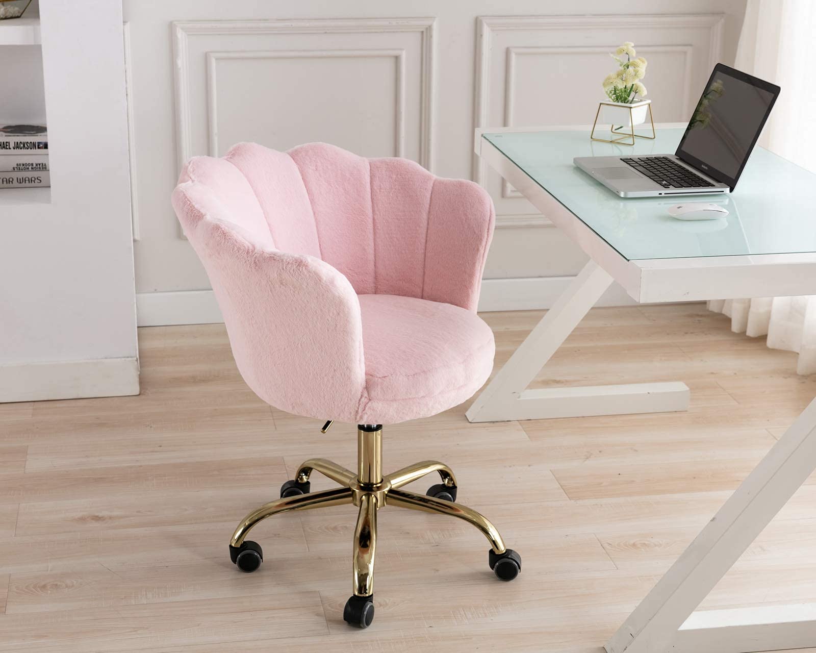 Pink Desk Chair Fluffy Task Vanity Chair Home Office Chair Adjustable Rolling Swivel Chair with Wheels for Teens Adults Bedroom Study Room, Faux Fur