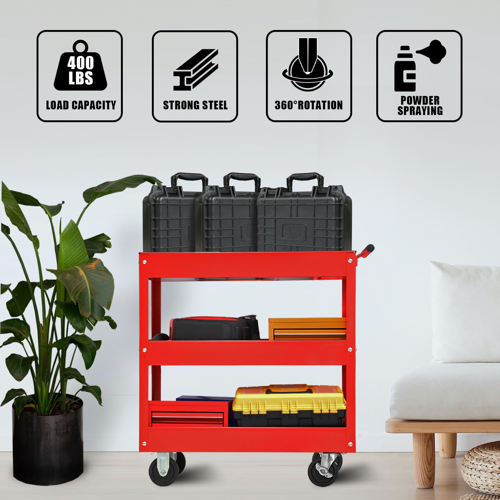 Torin Heavy Duty Utility Cart with 3 Shelf Tiers, Rolling Tool Cart on Wheels, 400lbs Load Capacity, for Garage Warehouse Workshop, APTC302B, Red