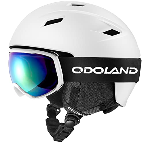Odoland Ski Helmet and Goggles Set, Snowboard Helmet Glasses for Men, Women & Youth - Shockproof/Windproof Gear for Skiing, Snowboarding-White,L