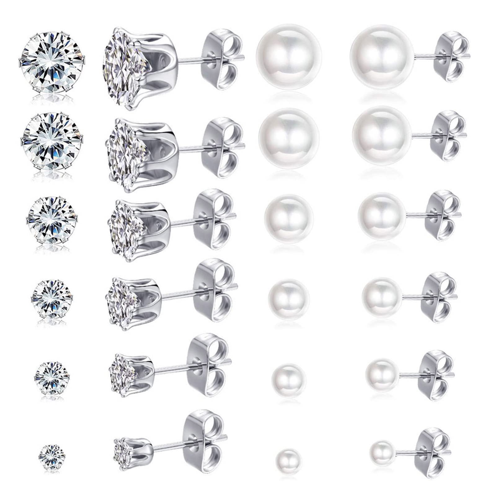 Spiritlele 18 Pairs Assorted 3-8mm Stud Earrings Set, CZ Stud Earrings, Ball Stud Earrings, Pearl Stud Earrings for Women