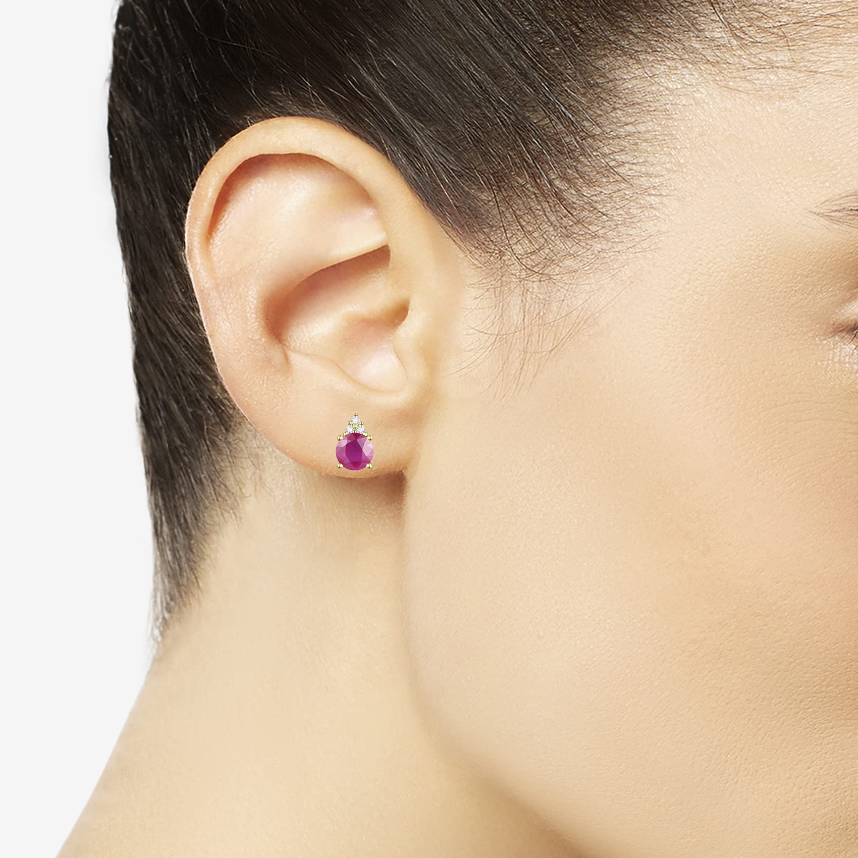 Tirafina Diamonds and Genuine Ruby Stud Earrings, 3 Round Shaped Diamonds Set Above a Genuine Ruby, 3 Natural Round Diamond Stones, 14K Yellow Gold, 4.5mm Stone
