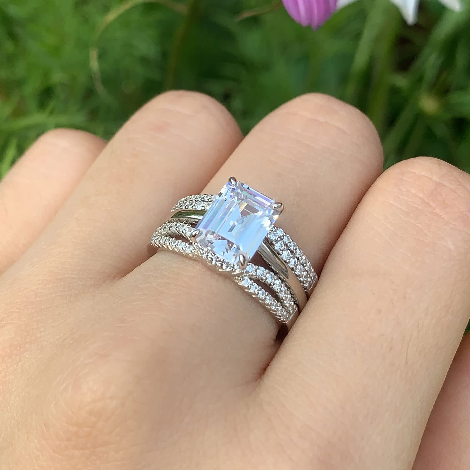 Wuziwen Bridal Ring Enhancer for Emerald Cut Engagement Rings For Women CZ Sterling Silver Size 7