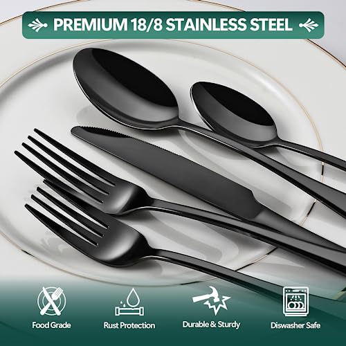 Qupoilke 60-Piece Black Silverware Set with Steak Knives Service for 10,Food Grade Stainless Steel Flatware Utensils Cutlery Set for Home Kitchen and Restaurant