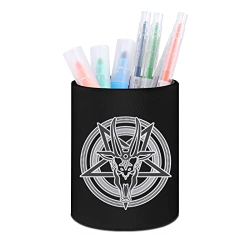 Occult Sign Skull Goat Pen Holder PU Leather Pencil Cup Cute Desk Organizer Makeup Brush Box for Home Office