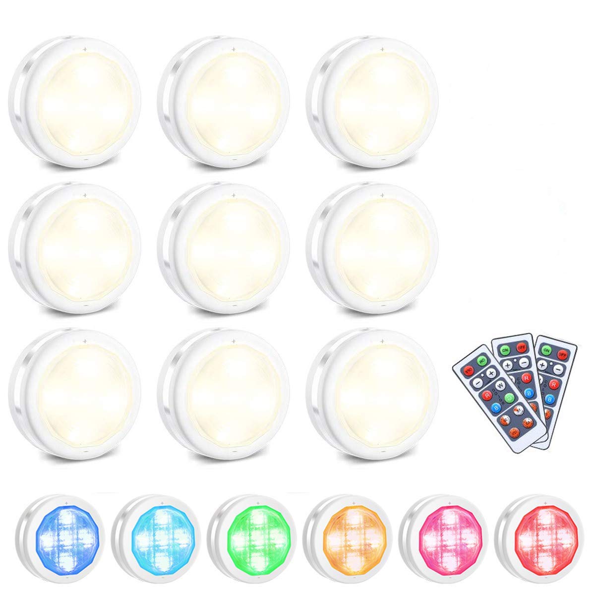 Puck Lights, LED Color Changing Puck Lighting LED Closet Lights Under Counter Lights Wireless LED Color Changing Puck Lights Battery Operated Dimmable Under Cabinet Lights for Kitchen (9 Pack)