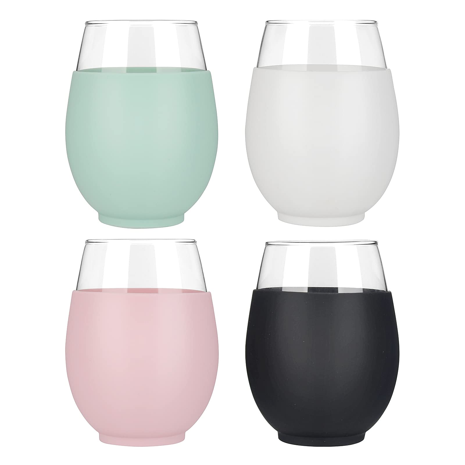 Tronco 20oz Wine Glass with Protective Silicone Sleeve,Reusable Stemless Wine Glasses, Cocktail Glass setļ¼4 Pack