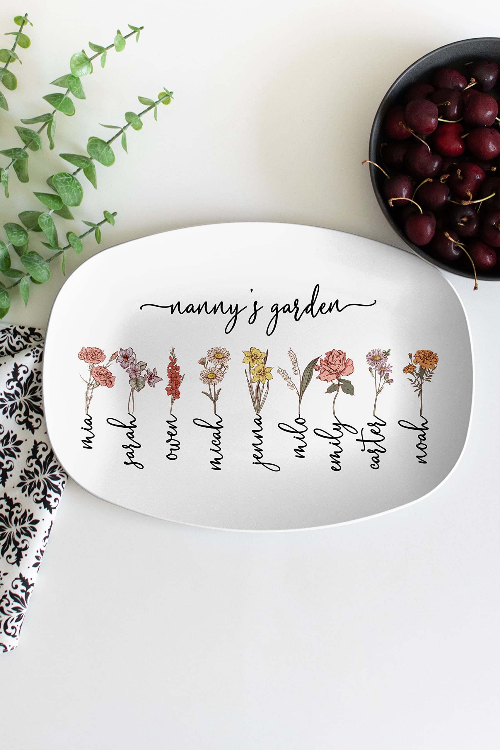 The Pine Trove Birth Flower Personalized Platter for Nanny for Mother's Day, Christmas, Birthday (10x14 inch, ThermoSāf® Polymer Platter)