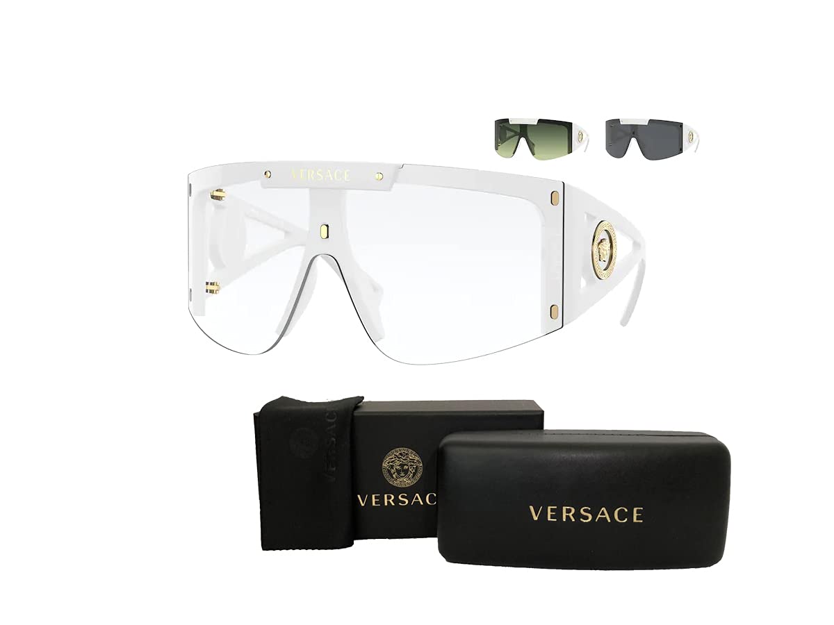 Versace VE4393 401/1W 46MM White/Clear Shield Sunglasses for Women + Exchangeable Lenses + BUNDLE with Designer iWear Eyewear Kit