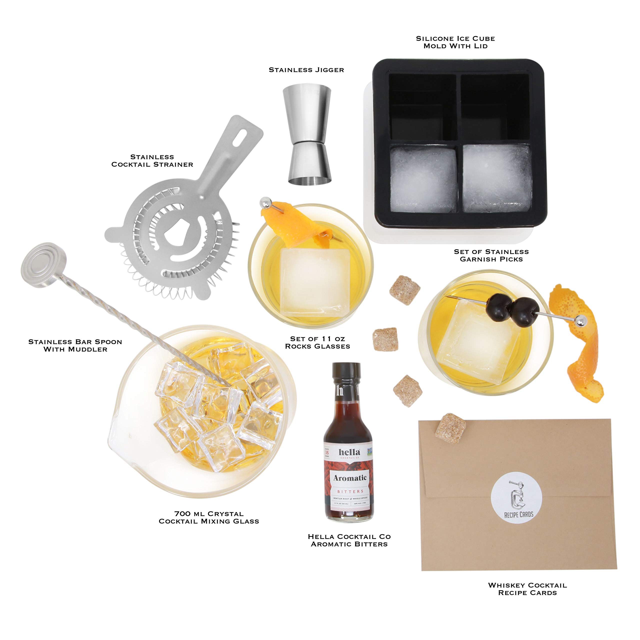 Whiskey Cocktail Kit: Rocks Drinking Glass Set, 750ml Crystal Mixing Glass, Ice Cube Mold, Stainless Bar Spoon Muddler, Strainer, Jigger, Garnish Picks, Bitters, Recipes Cards for Old Fashioned & More
