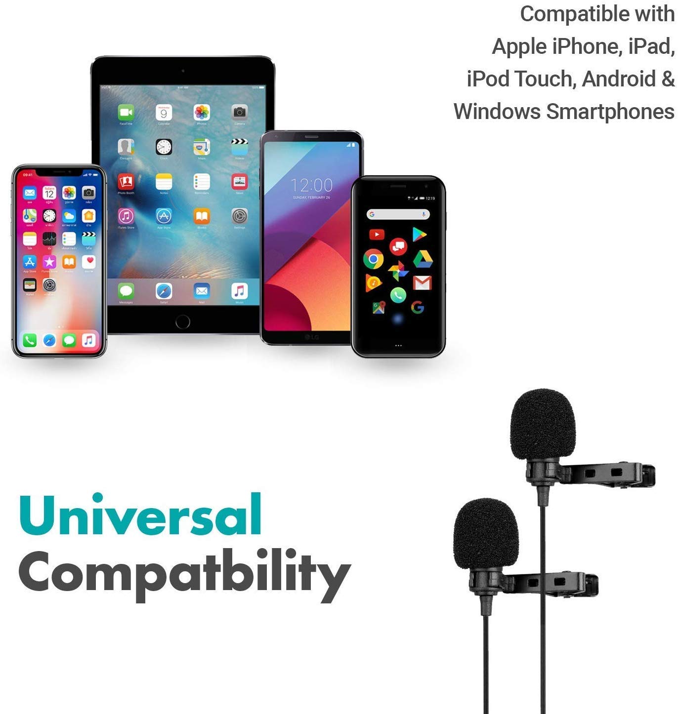 Movo Professional Lavalier Lapel Clip-on Interview Podcast Microphone with Secondary Mic and Headphone Monitoring Input for iPhone, iPad, Samsung, Android Smartphones, Tablets - Podcast Equipment