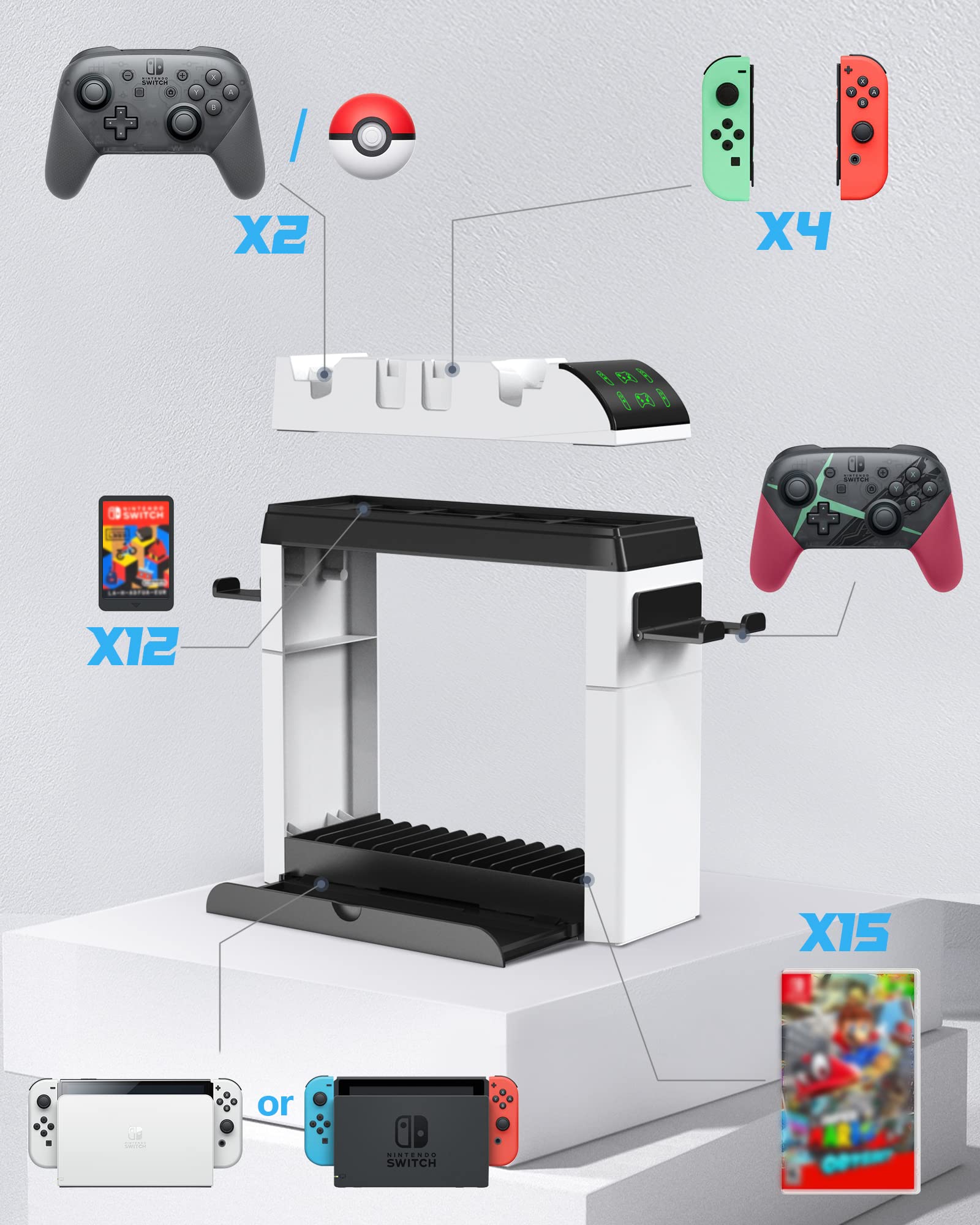Wiilkac Switch Organizer Station with Controller Charger, Portable TV Storage Tower Dock Compatible with Nintendo Switch/OLED Joycons, Pro Controller and Ball Plus Controller Accessories