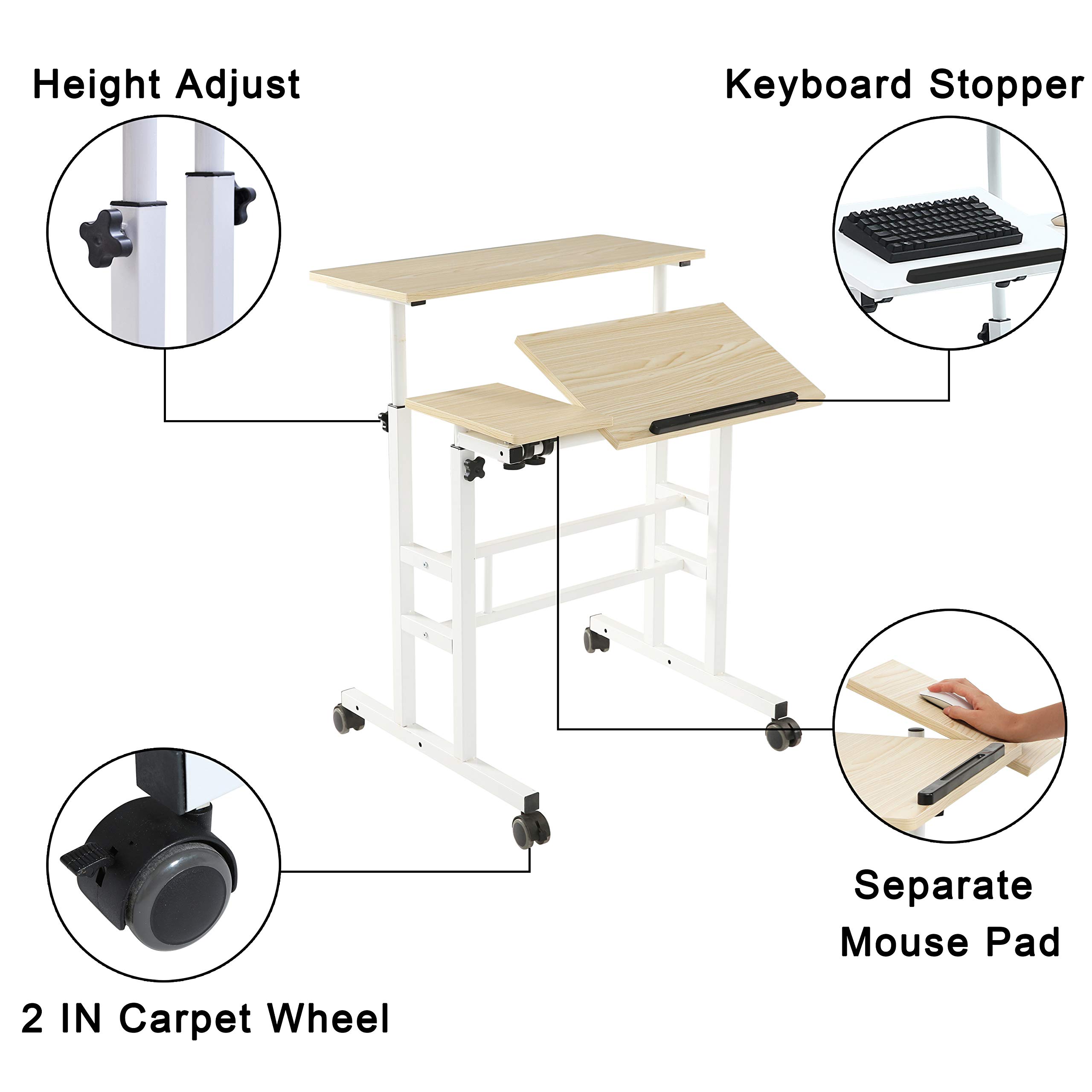 SDADI Height Adjustable Sit Stand Desk Home Office Desk Mobile Standing Desk Rolling Laptop Cart Computer Workstation, Light Grain