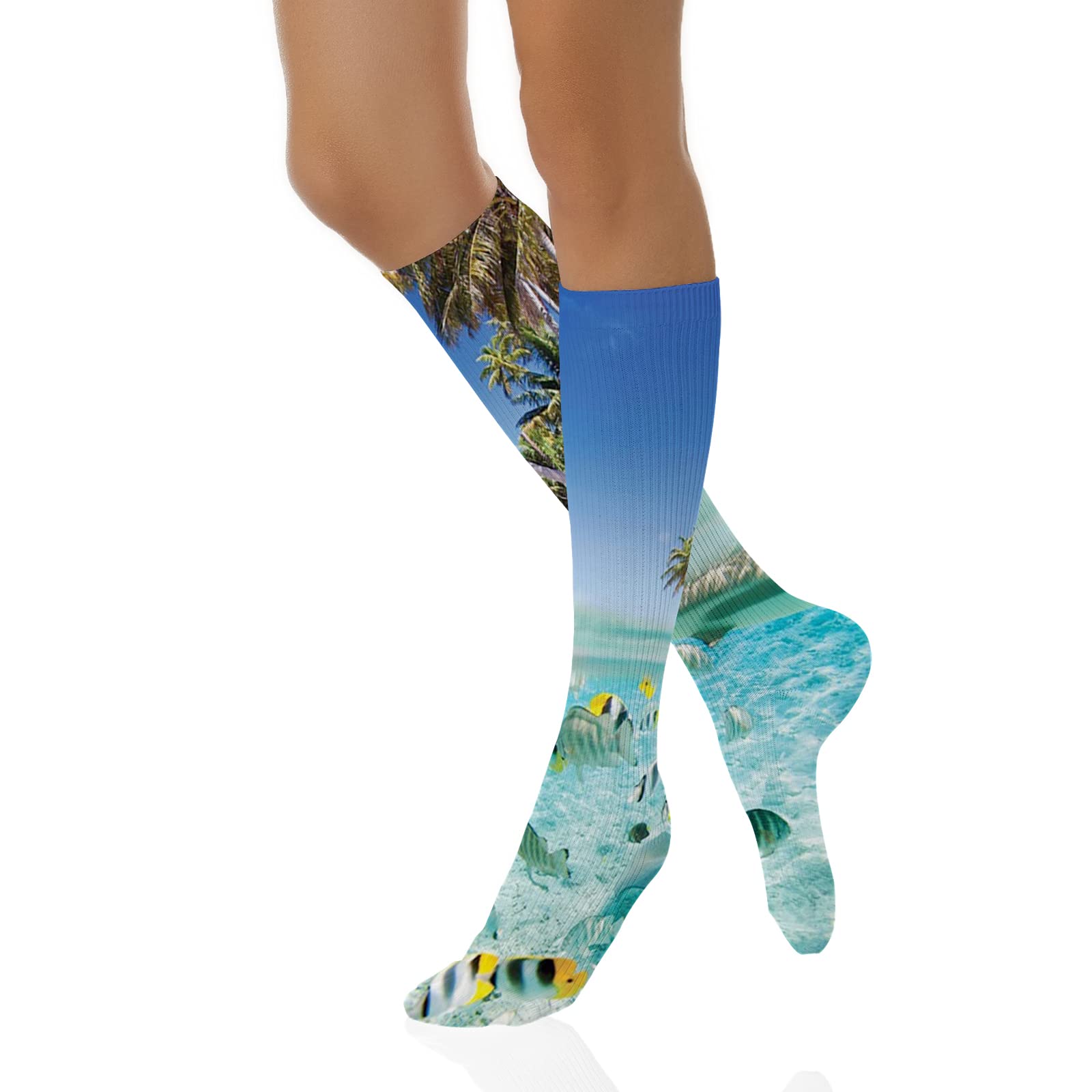 Underwater Funny Compression Socks Women and Men,Ocean Tropical Island Butterflyfish,Best for Circulation,Running,Athletic,Nurse,Travel,Blue - 20 inch