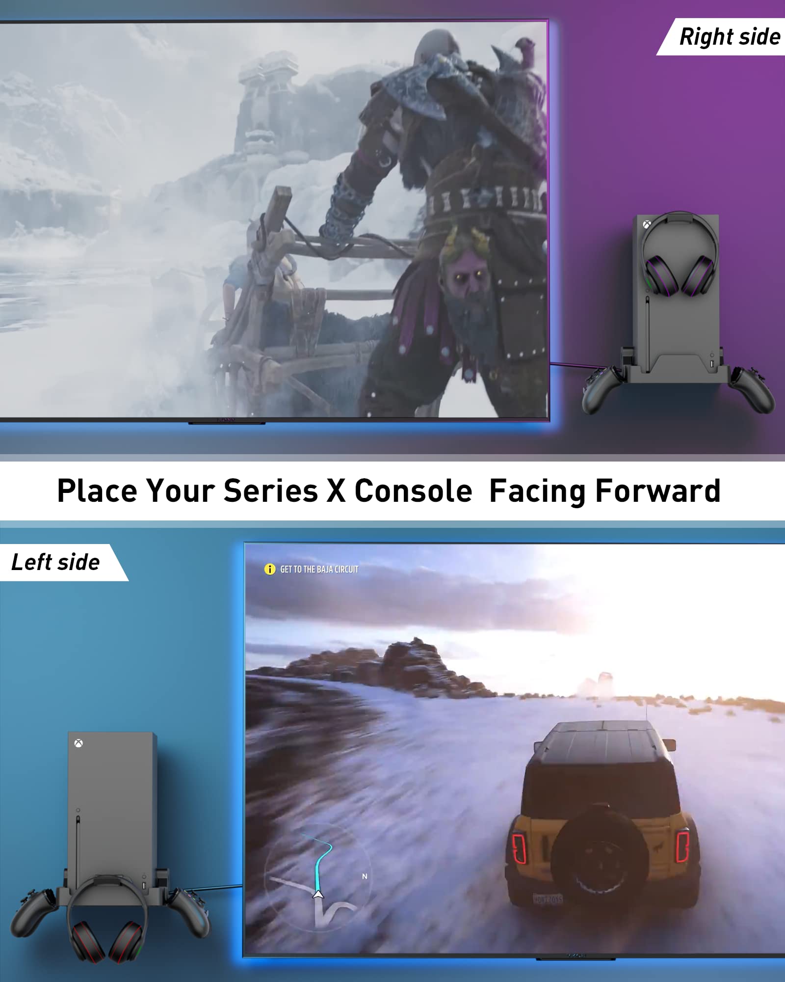 Wall Mount with RGB Cooling Fan for Xbox Series X - includes 4 Controller Holders and 2 Headphone Stands