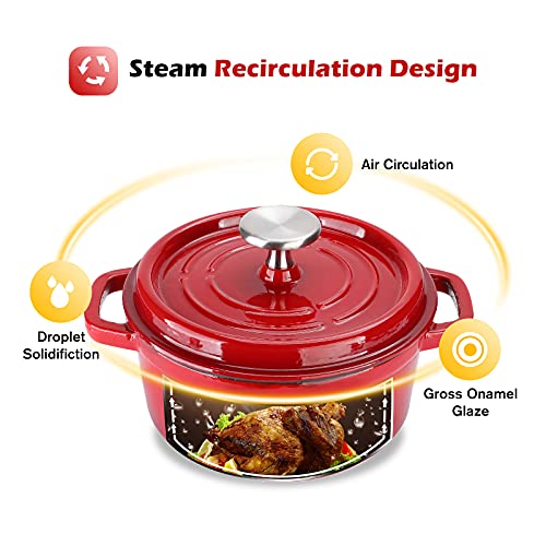 Puricon 4.9 QT Non-Stick Enameled Cast Iron Dutch Oven with Lid, 4.9 Quart Round Enamel Cast Iron Skillet with Loop Handles -Red