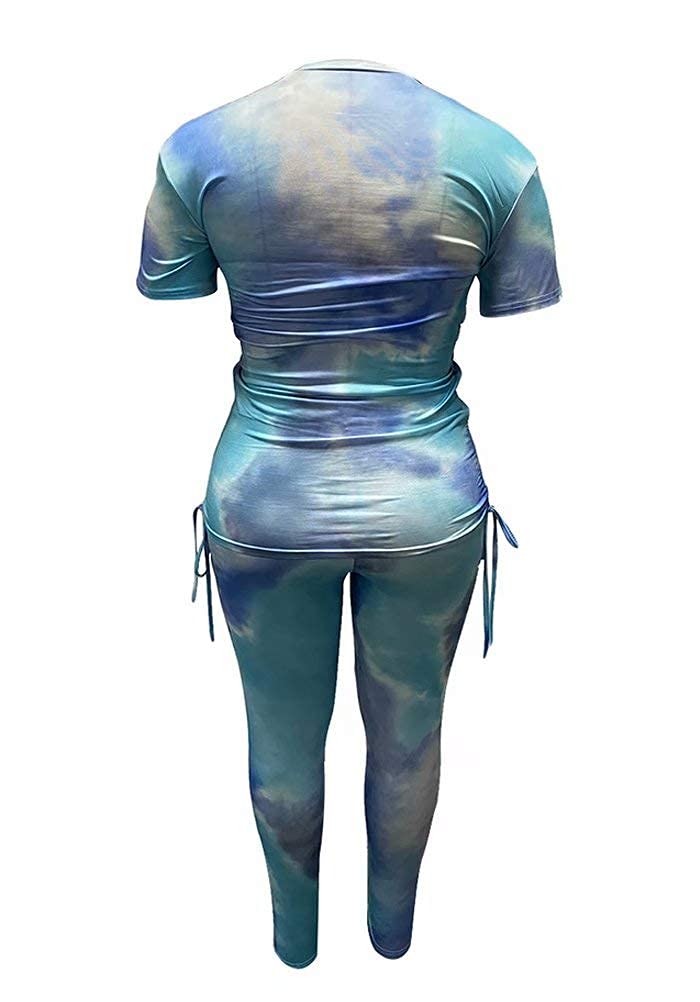 Sprifloral Two Piece Outfits Pant Set Women Tie Dye Print Tunic Top Plus Size Short Track Suits Jumpsuit Royal Blue XL