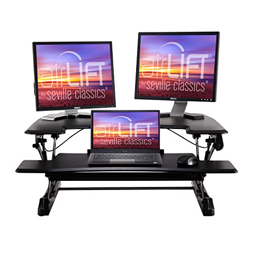 Seville Classics Airlift Height Adjustable Sit Converter Workstation Standing Ergonomic Dual Monitor Riser Keyboard Tray & Phone/Tablet Holder, Cut-Out Desk 35", Black