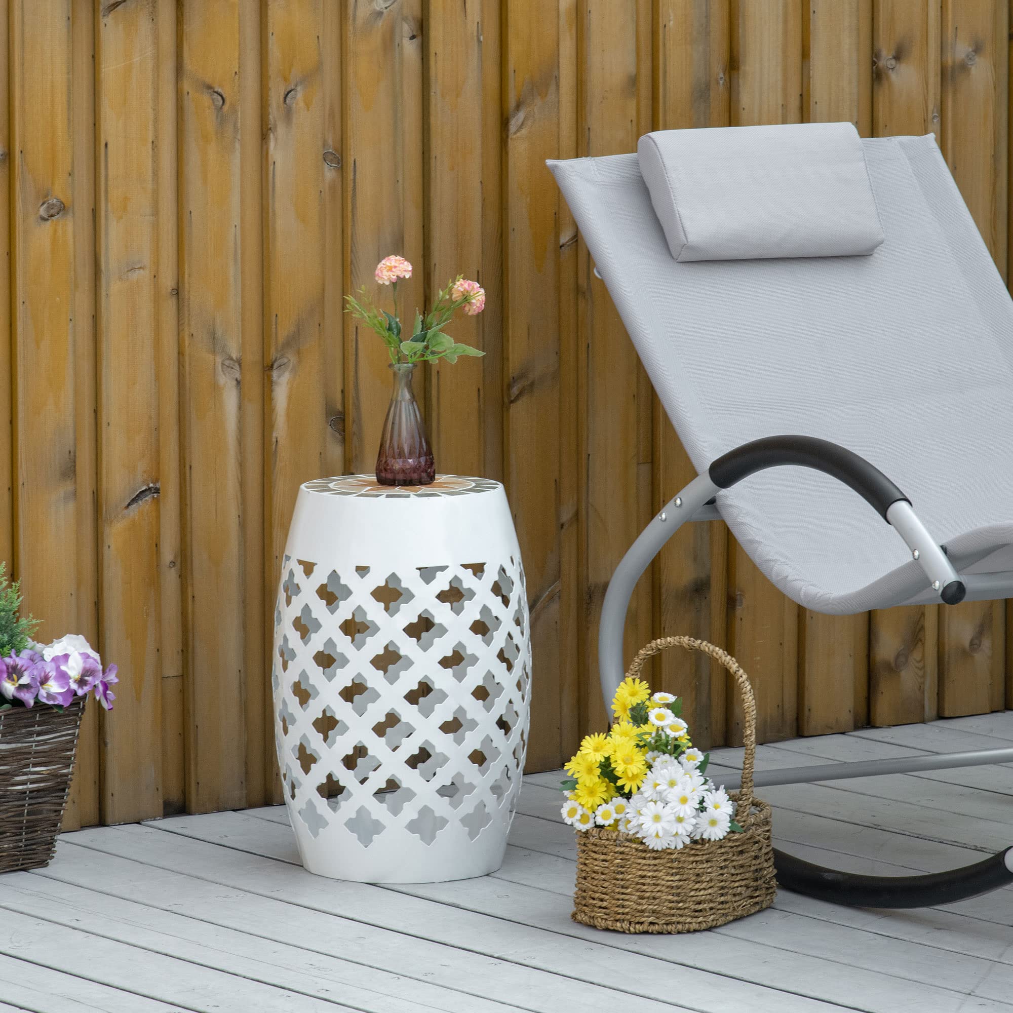 Outsunny 12" Patio Round Side Table, Outdoor Footstool, Garden Mosaic Accent Side Table, Plant Stand, White