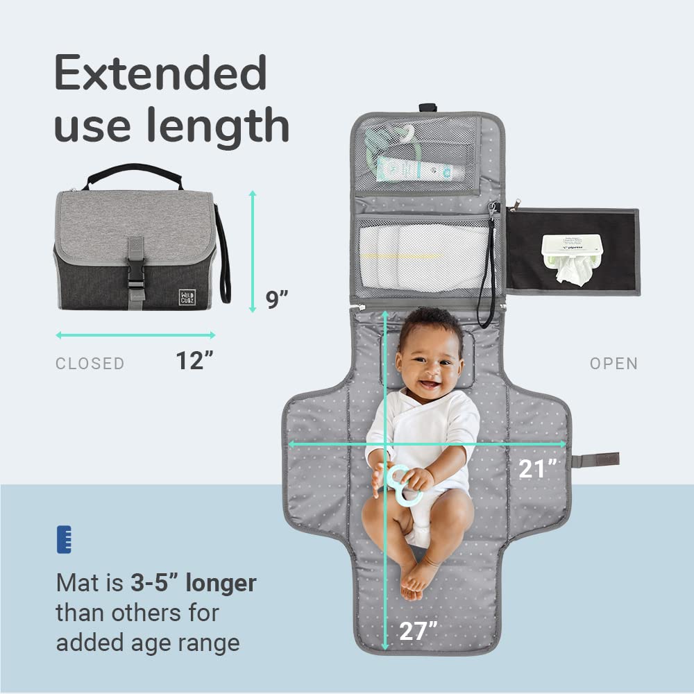 Wildcubz Portable Changing Pad | 27" Diaper Changing Mat | Wipes Pocket | Waterproof Changing Pads for Baby | Portable Diaper Changing Pad for Baby | Changing Pad Portable Changing Station (Graphite)