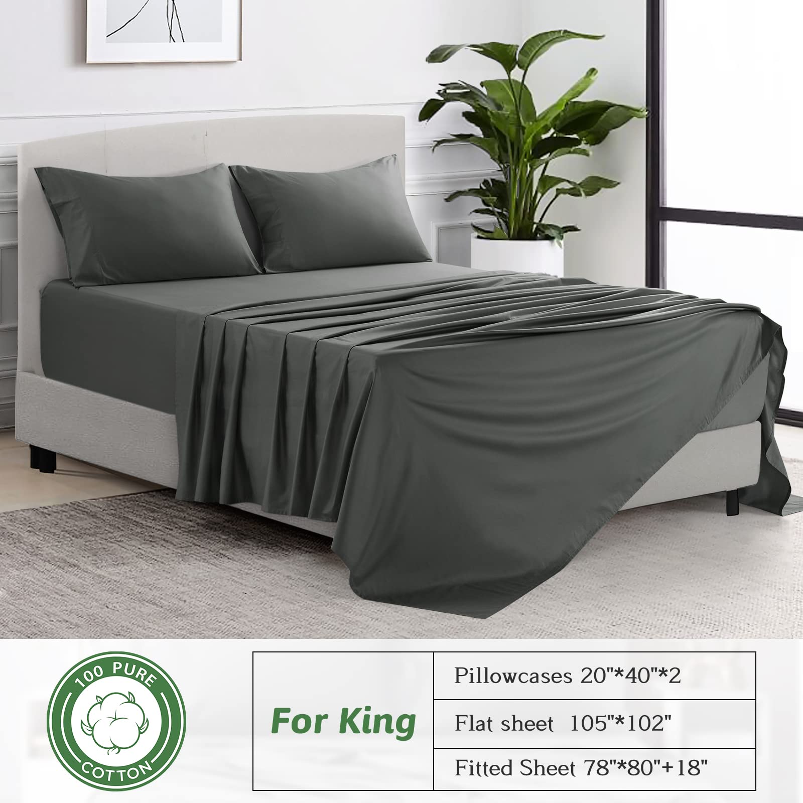 VERZEY 100 Cotton 18 Inch Deep Pocket Cotton Sheets for King Size Bed 4 Piece Cooling Bed Sheet Sets 400 Thread Count Sateen Weave (Grey, King)
