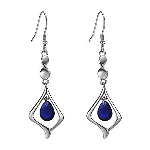 POLITENY Silver Dangle Drop Earrings for women hypoallergenic 14k Gold Plataed (sapphire blue)