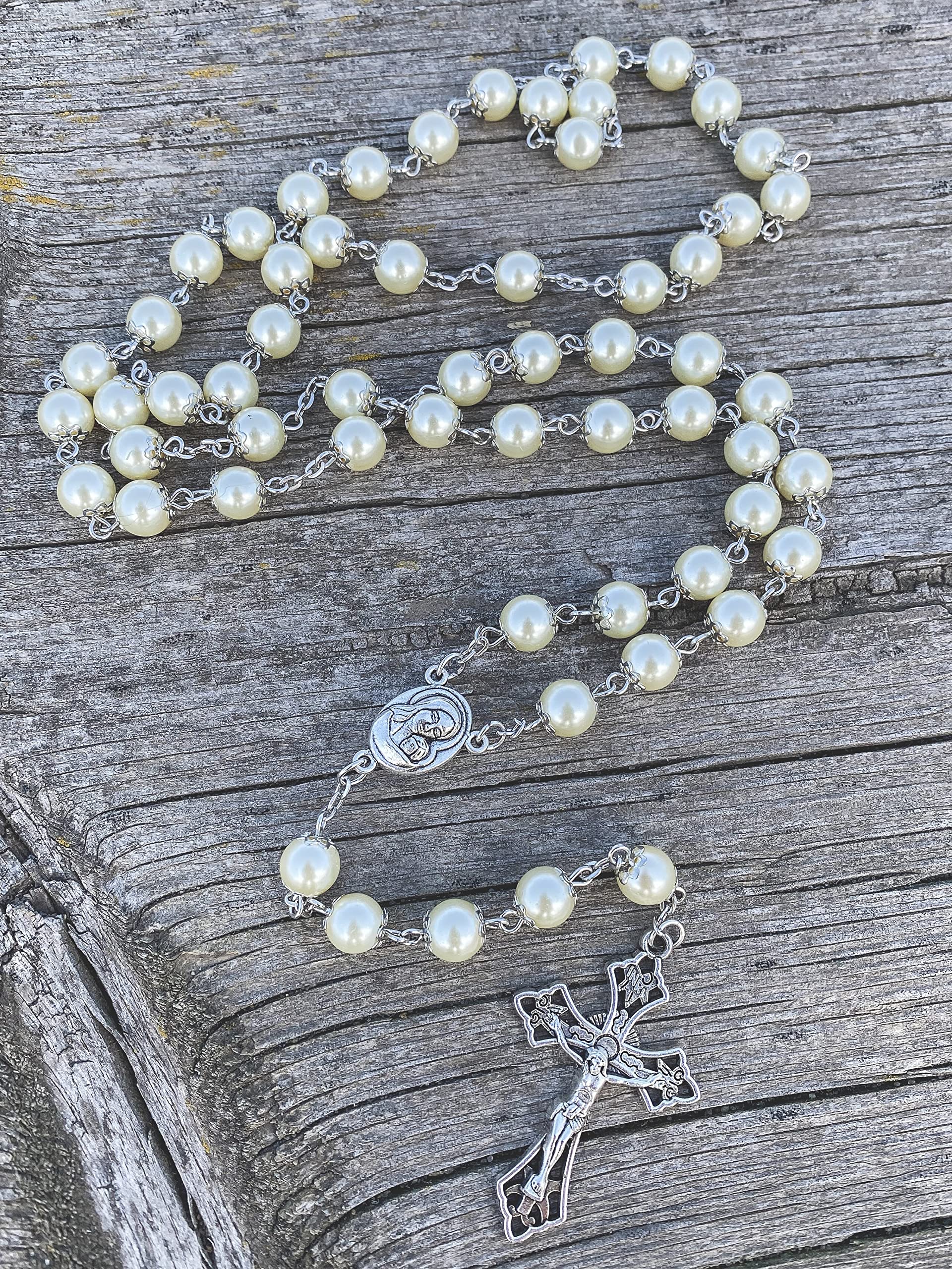 Nazareth Store Pearl Cream Beads Rosary Necklace Holy Soil Medal and Cross Catholic Rosaries for Women, Men