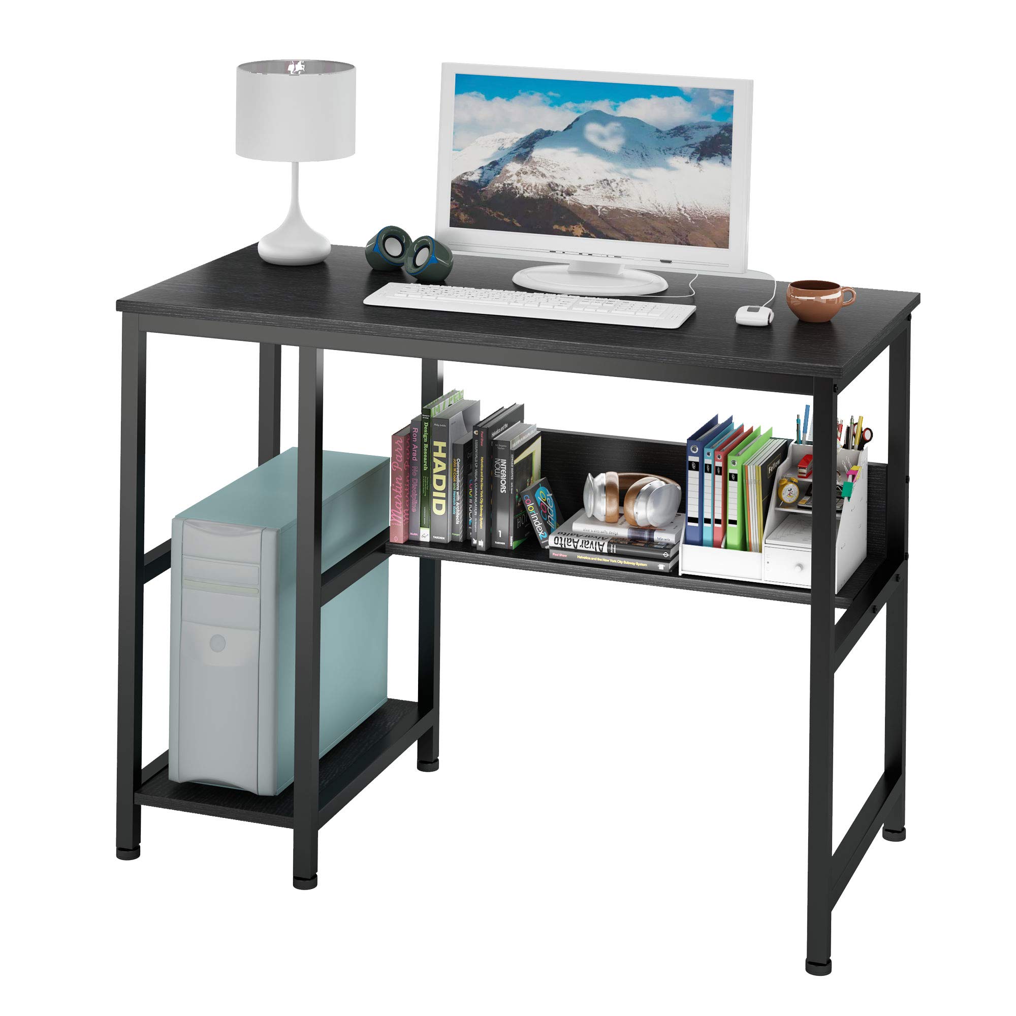 Ruitta Writing Computer Desk with Shelves, Sturdy Home Office Desk, Writing Desk Study Desk for Small Spaces, Easy Assemble, Stable Metal Frame (39", Black)