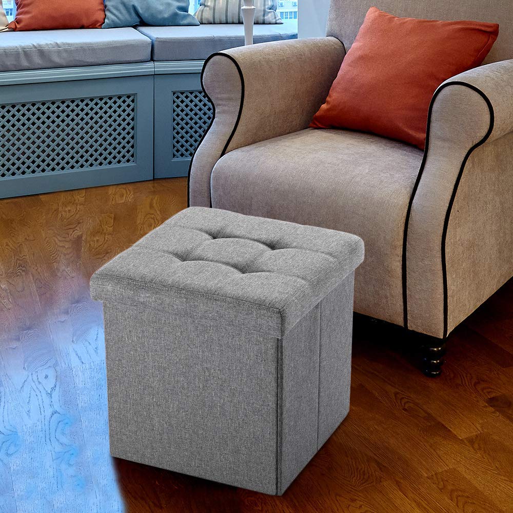 TOUCH-RICH Folding Cube Storage Ottoman with Padded Seat Linen Fabric Footrest Memory Foam 15” x 15” x 15”-2 Packs(Light Grey)