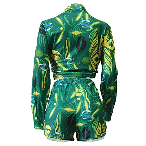 Uni Clau Women Two Piece Tracksuit Causal Printed Long Sleeve Button Down Blouse Short Pants Jogging Sets Green S