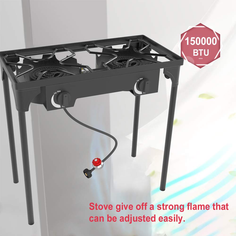 Outdoor & Indoor Portable Propane Stove, Single & Double Burners with Gas Premium Hose, Detachable Legs for Backyard Kitchen, Camping Grill, Hiking Cooking, Outdoor Recreation (DB02-Large,2 Burners)