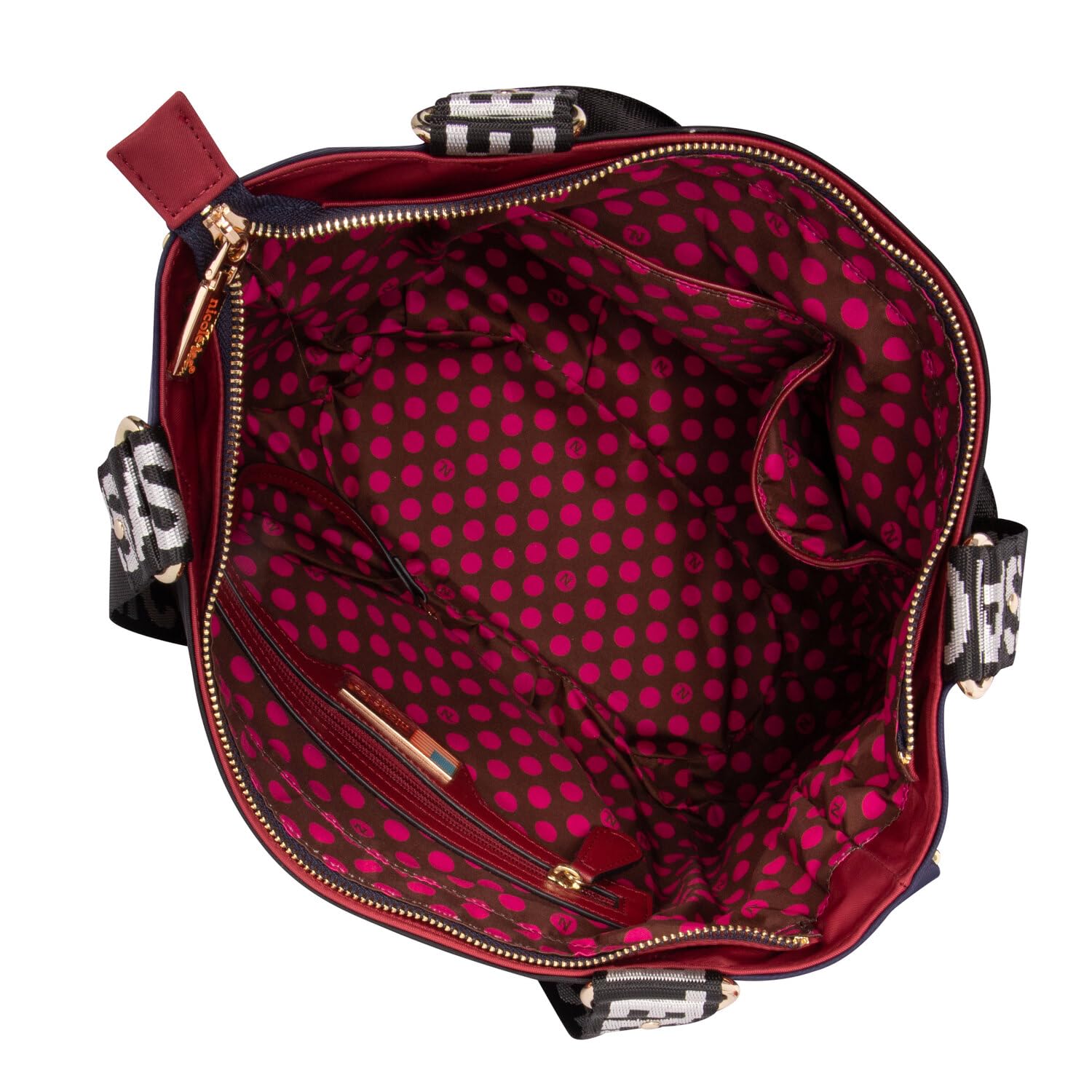 Nicole Lee Nylon Tonight For You Medium Handbag, Back Zip Pocket, Optional Crossbody Strap, Paris Evening Fashion Print, Navy Blue