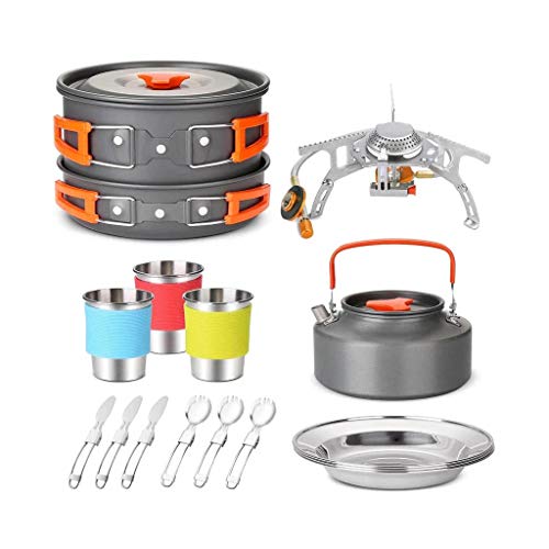 YFDM Camping Travel Equipment Tableware Cookware Kit Pots Burner Gas Stove Accessories Kitchen Utensils Sets Picnic BBQ Supplies