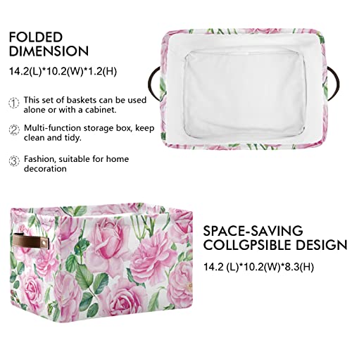 SUABO Floral Pink Roses Buds on White Toy Basket,Collapsible Storage Bin Basket with Handles¡ê?Laundry Baskets,Shelf Basket Nursery Storage for Bedroom Playroom,Set 2