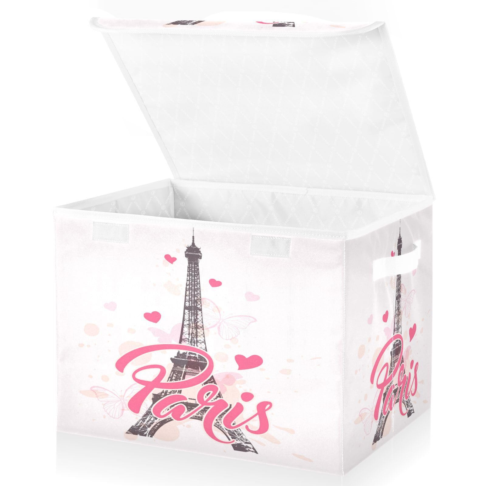 SUABO Paris Eiffel Tower Storage Bin with Lid, Pink Large Oxford Cloth Butterfly Love Storage Boxes Foldable Home Cube Baskets Closet Organizers for Nursery Bedroom Office