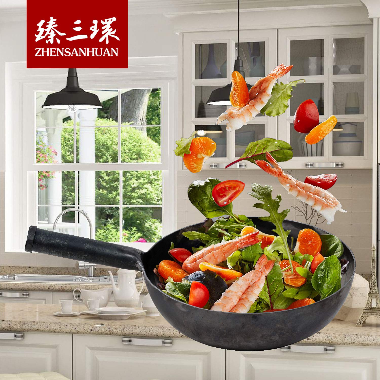 臻三环 ZhenSanHuan Chinese HandHammered Iron Woks and Stir Fry Pans, Non-stick, No Coating, Induction Suitable, 章丘铁锅,舌尖上的中国,A bite of China (28CM)