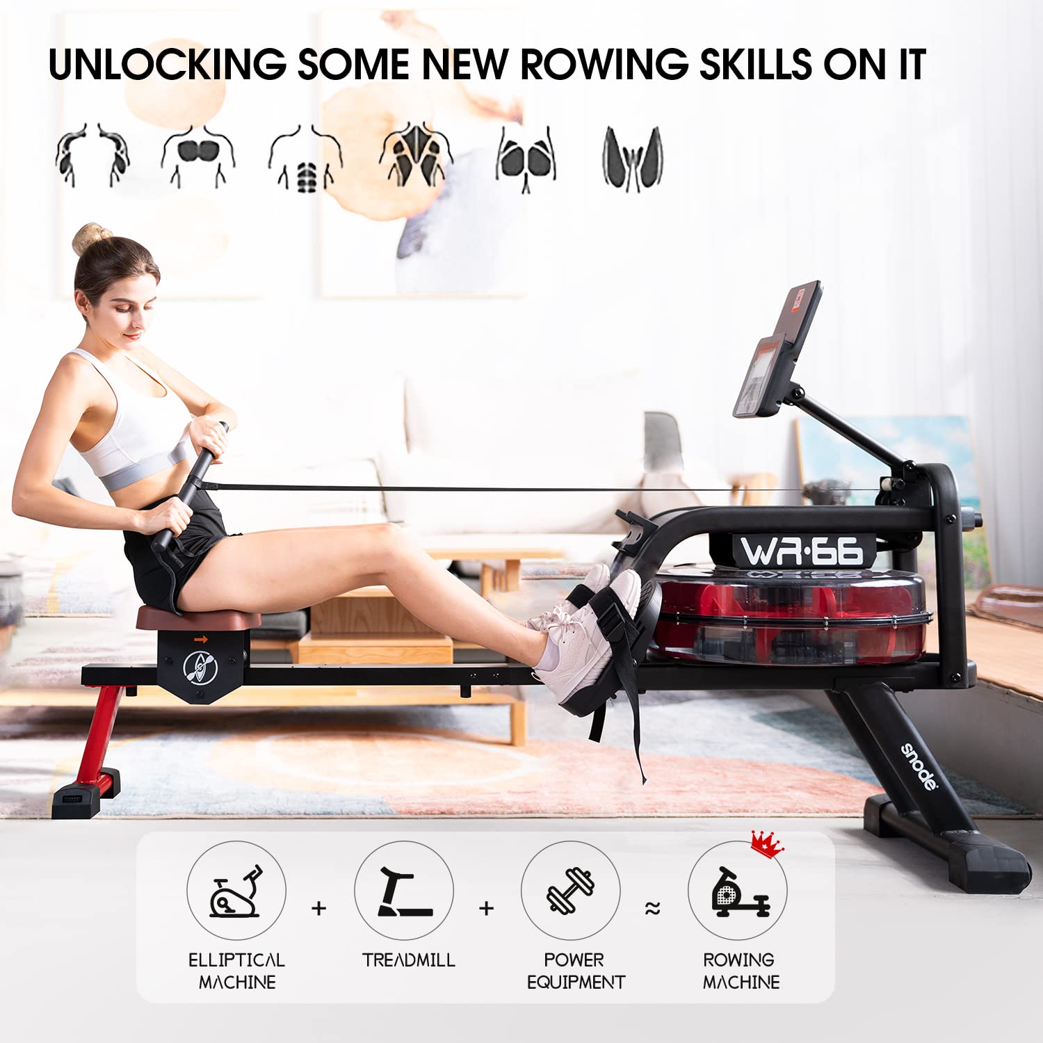 SNODE Water Rowing Machine with Bluetooth APP, Rower for Home Use, Heavy Duty Frame with 300Lbs Weight Capacity, Support Paddling and Dragon Boat Rowing