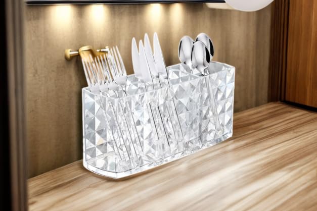 POPGIO 2 Packs Utensil Holder Organizer Countertop Counter Cutlery Flatware Storage Caddy for Kitchen 3 Divided Section 6 Slots Plastic Clear