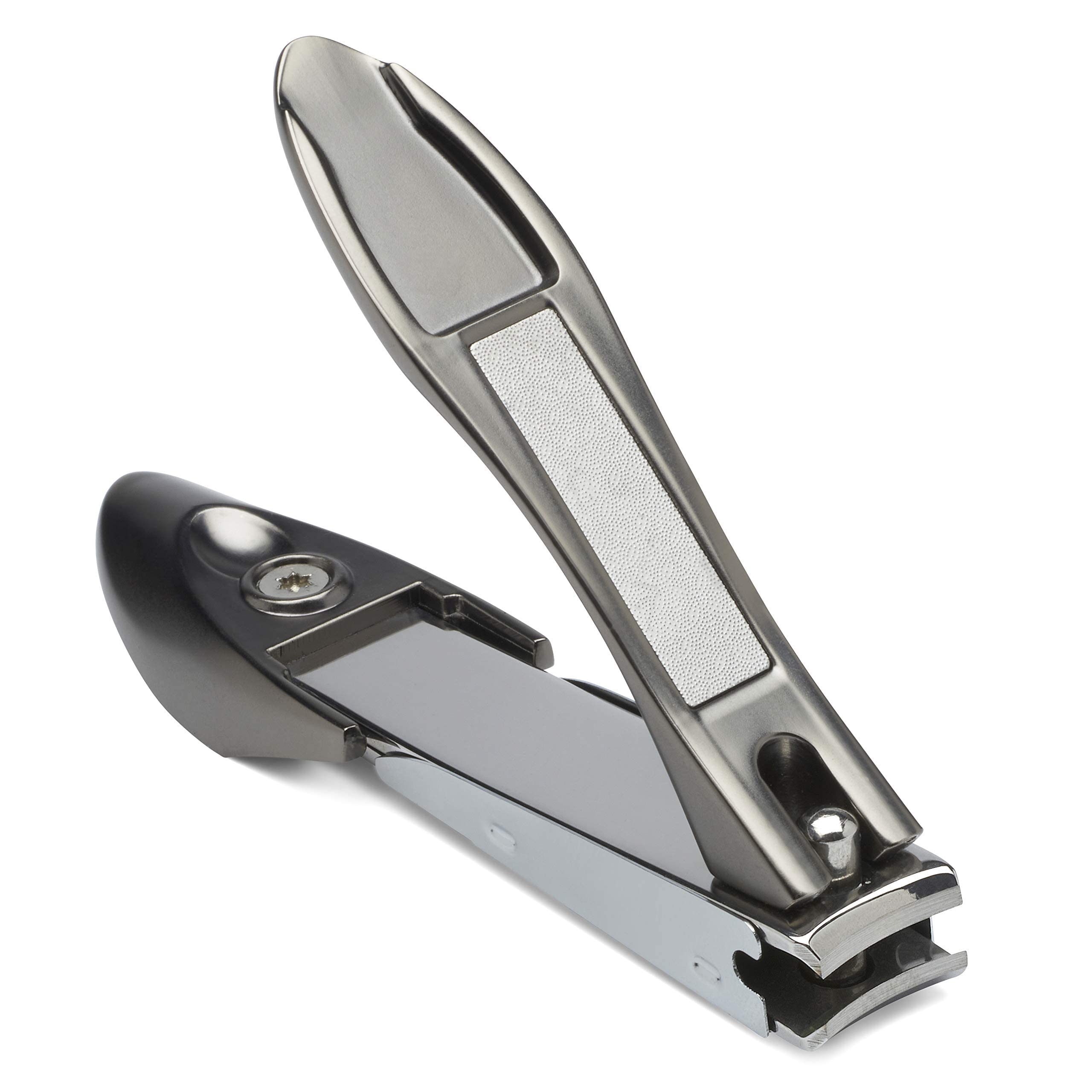 Nail Clippers with Catcher – KLIPP Heavy Duty Stainless Steel Fingernail and Toe Nail Cutter with Curved Surgical Blades and Built-in Nail File – Ergonomic Handle with Wide Jaws for Thick Nails