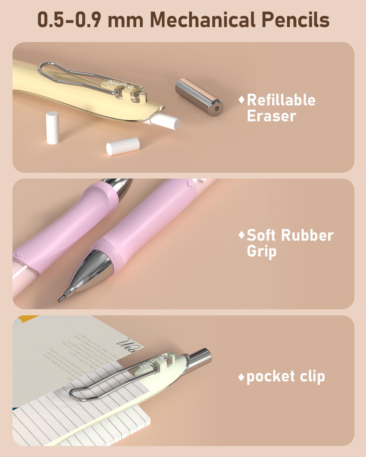 Nicpro 31PCS Pastel Mechanical Pencil Set in Case, Cute Mechanical Pencils 0.5, 0.7, 0.9 mm & 2.0 mm with 15 Tube (HB 2B Colors)Lead Refills, 3 Erasers, Aesthetic School Supplies for Writing Sketching