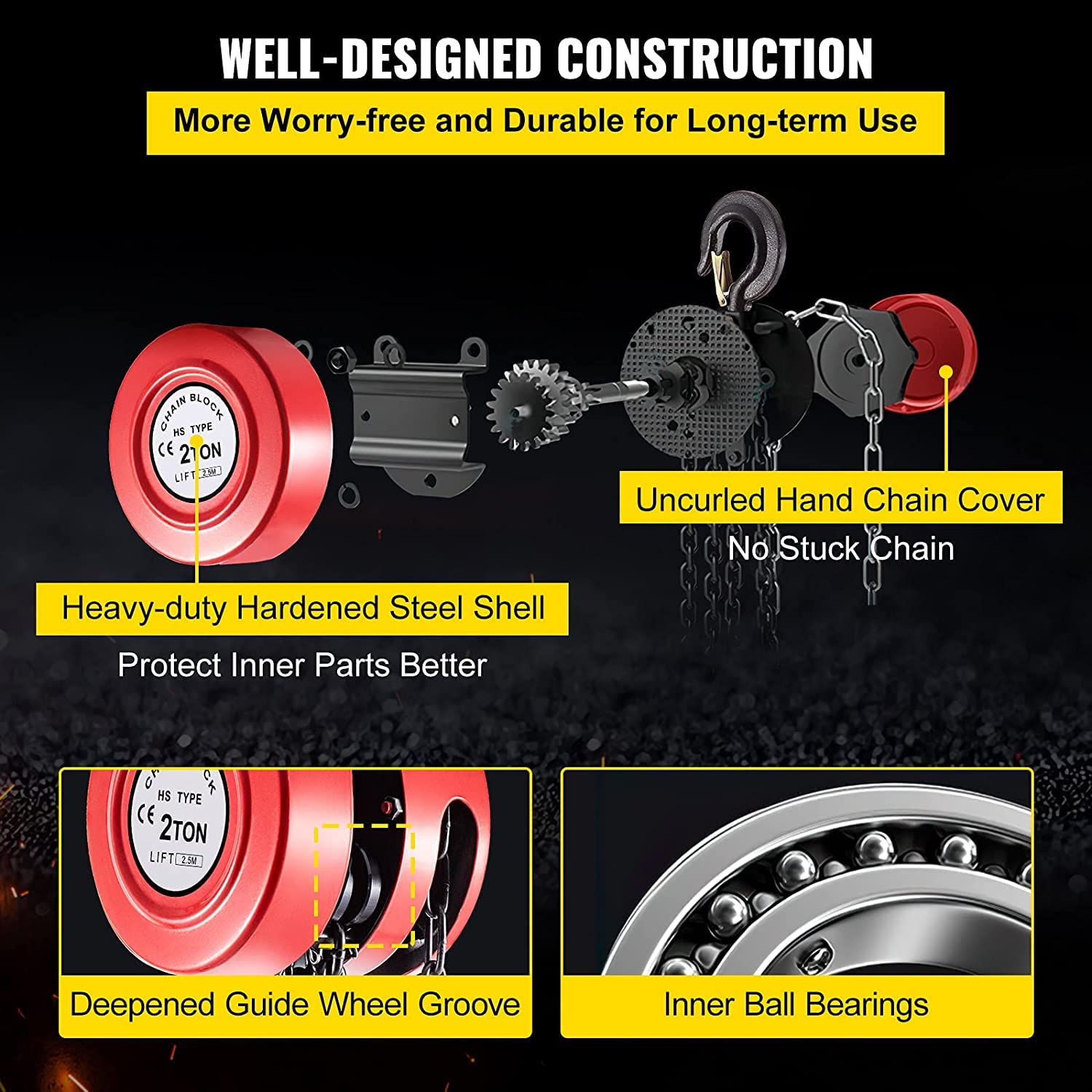 VEVOR Hand Chain Hoist, 4400 lbs /2 Ton Capacity Chain Block, 8ft/2.5m Lift Manual Hand Chain Block, Manual Hoist w/Industrial-Grade Steel Construction for Lifting Good in Transport & Workshop, Red