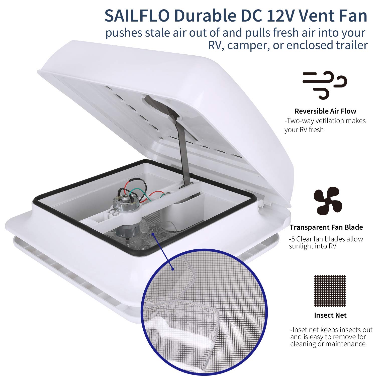 RV Roof Vent Fan Camper Skylights Ventilation Cover with Reversible Airflow Fan Net Manual Lift Dome Lid Heavy Duty Easy to Install for Trailer Motorhome Windows Opening 11β White