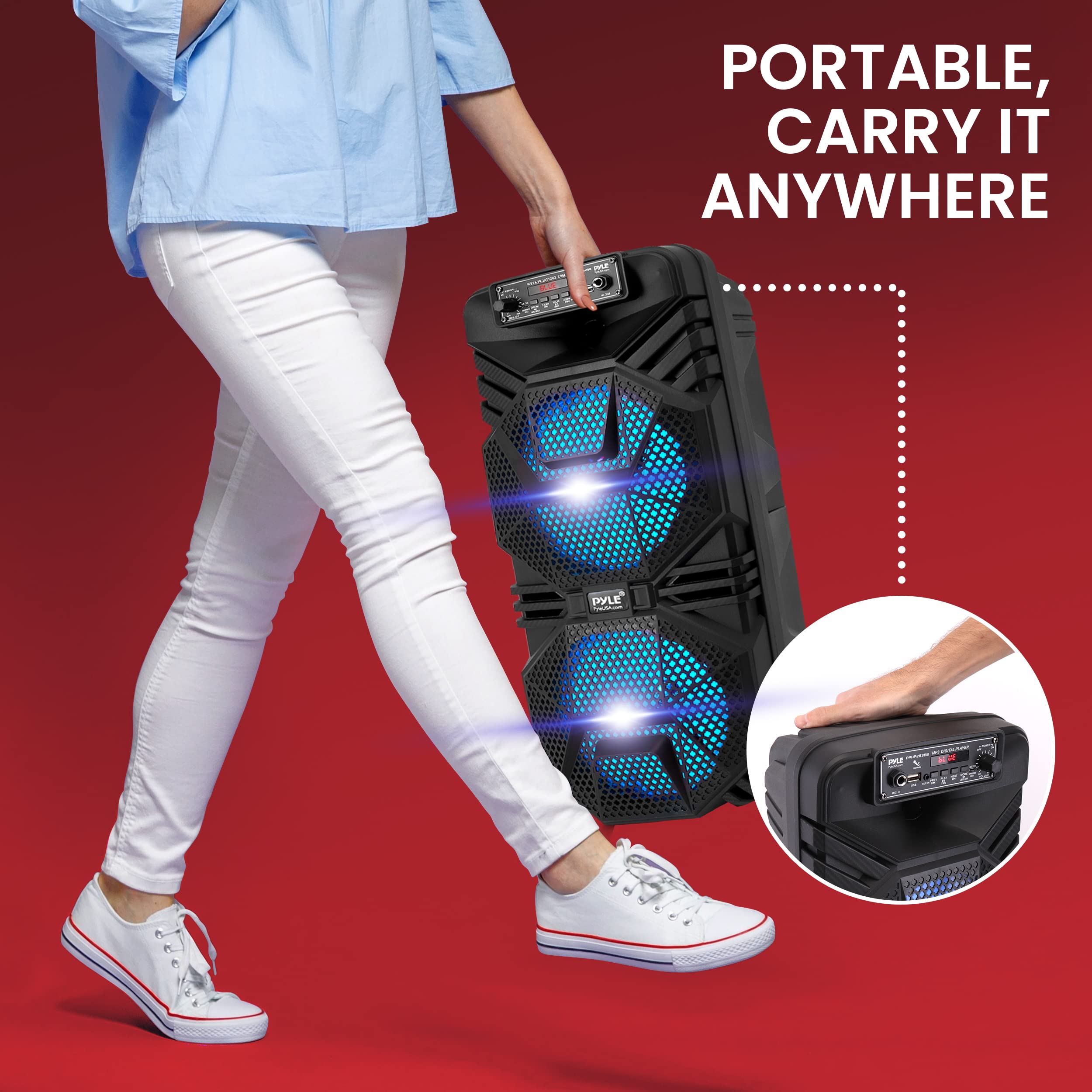 Pyle Bluetooth PA Speaker System - 600W Rechargeable Outdoor Bluetooth Speaker Portable PA System w/ Dual 8” Subwoofer 1” Tweeter, Microphone In, Party Lights, USB, Radio, Remote - Pyle PPHP2836B