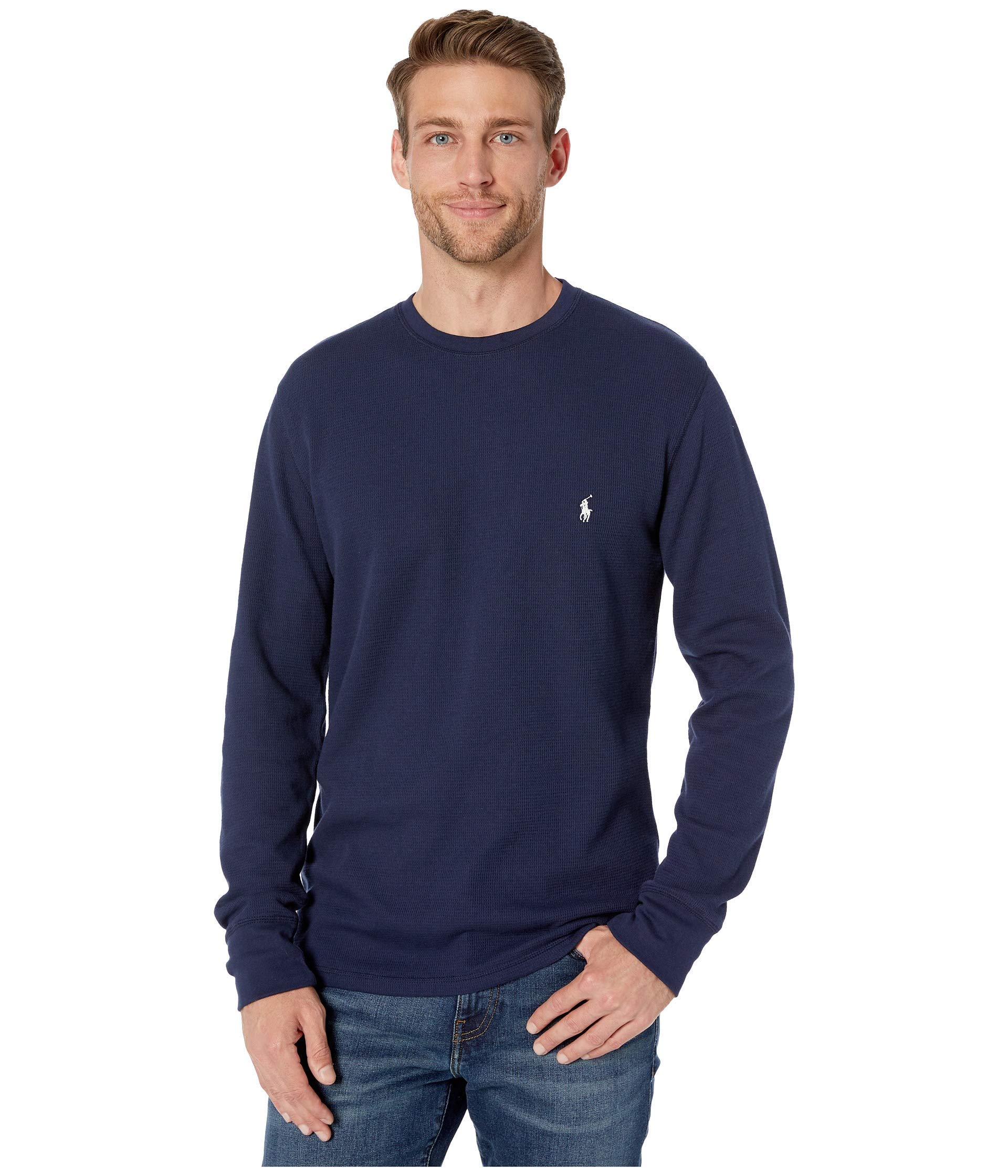 POLO RALPH LAUREN Waffle Long Sleeve Crew Cruise Navy/Nevis Pony Print LG