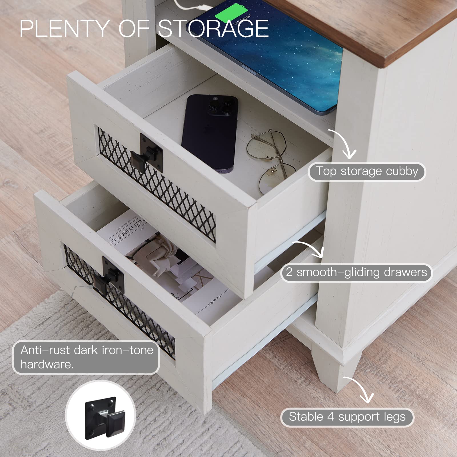 Nightstand with Charging Station,OKD 18'' Industrial & Farmhouse End Table with 2 Drawers & Open Cubby, Rustic Mesh Drawer Sofa Side Table w/Storage for Bedroom, Living Room, Office, Light Rustic Oak